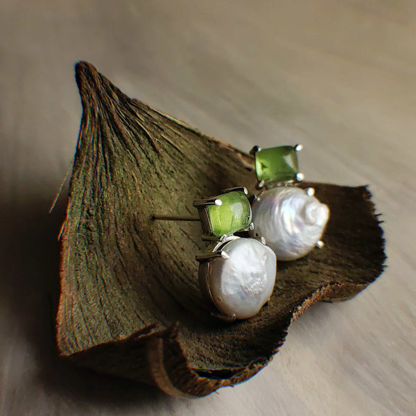 Dew Earrings - Pearl & Peridot in White & Green by Repeat.pk
